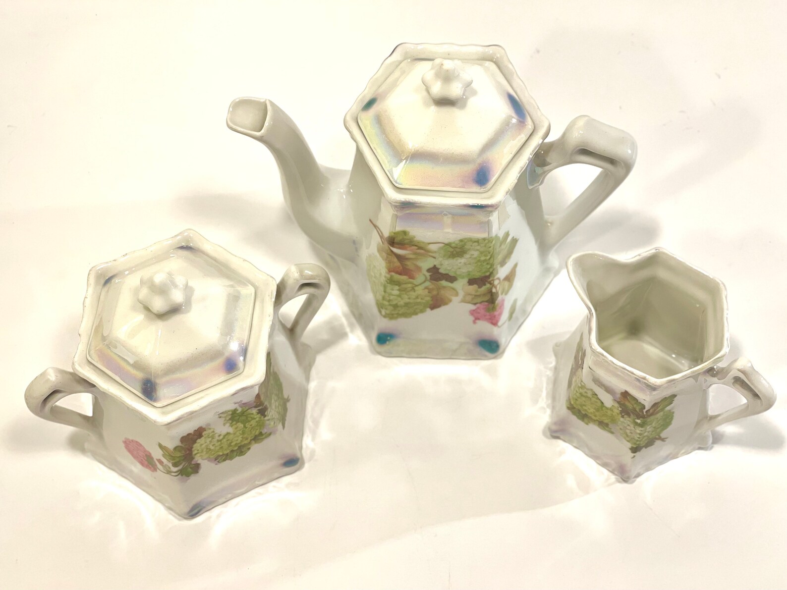 Antique German Lusterware Teapot Set, Green Hydrangea, 5-piece - Etsy