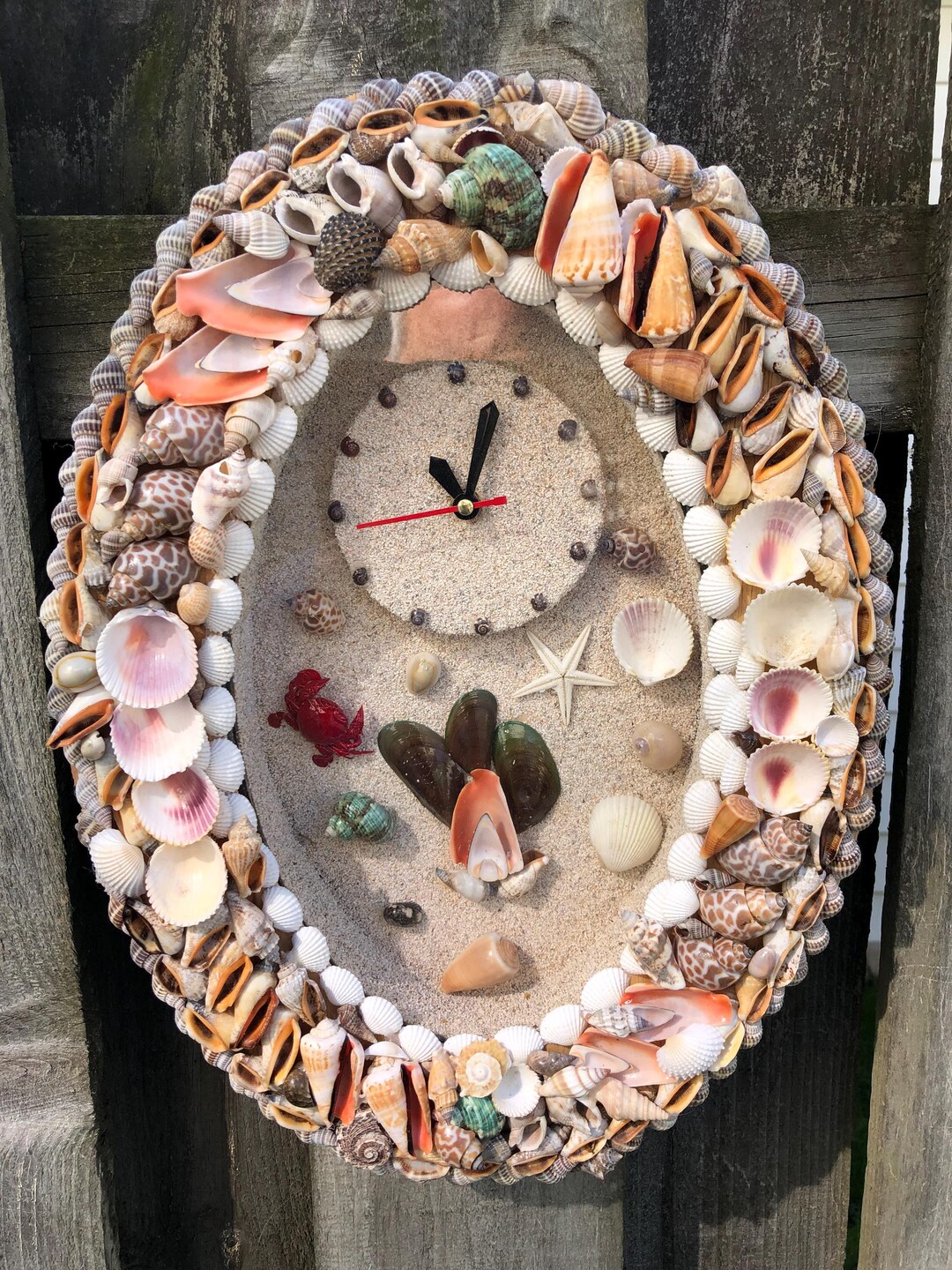 Vintage Seashell Clock, Oval Battery Shell on Sand Clock With Starfish ...