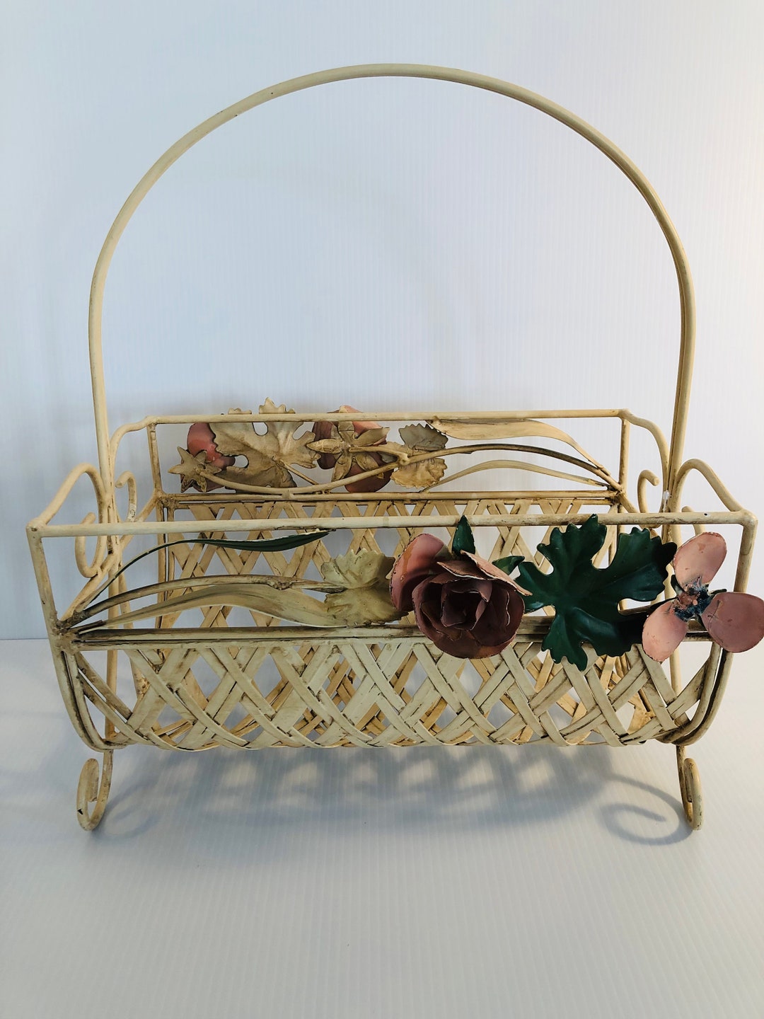 Vintage Floral Toleware Magazine Rack, Shabby Chic White Metal With ...