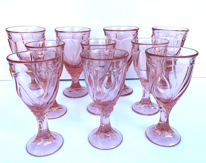 Vintage Pink Glass Goblets, Set of 10 Noritake Sweet Swirl Pink ...