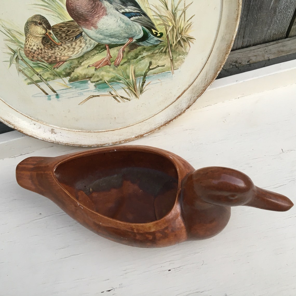 Vintage Duck Planter and Tray Rustic Brown Glazed Pottery | Etsy
