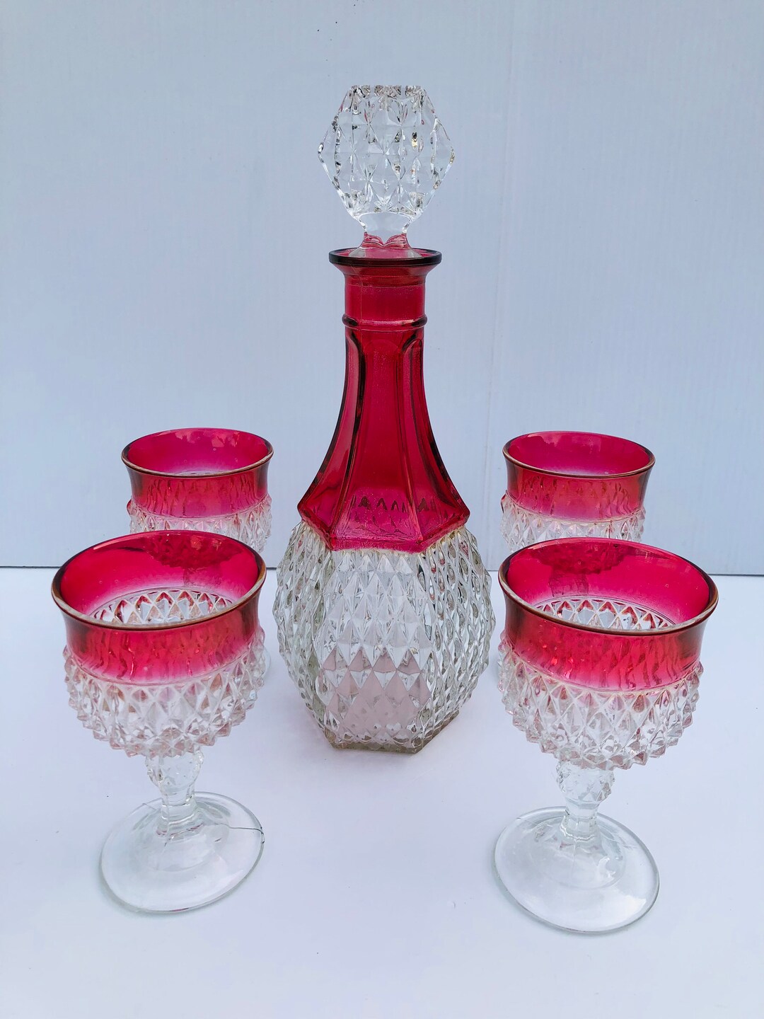 Vintage Indiana Glass Ruby Decanter & Wine Glass 5 Piece Set - Etsy