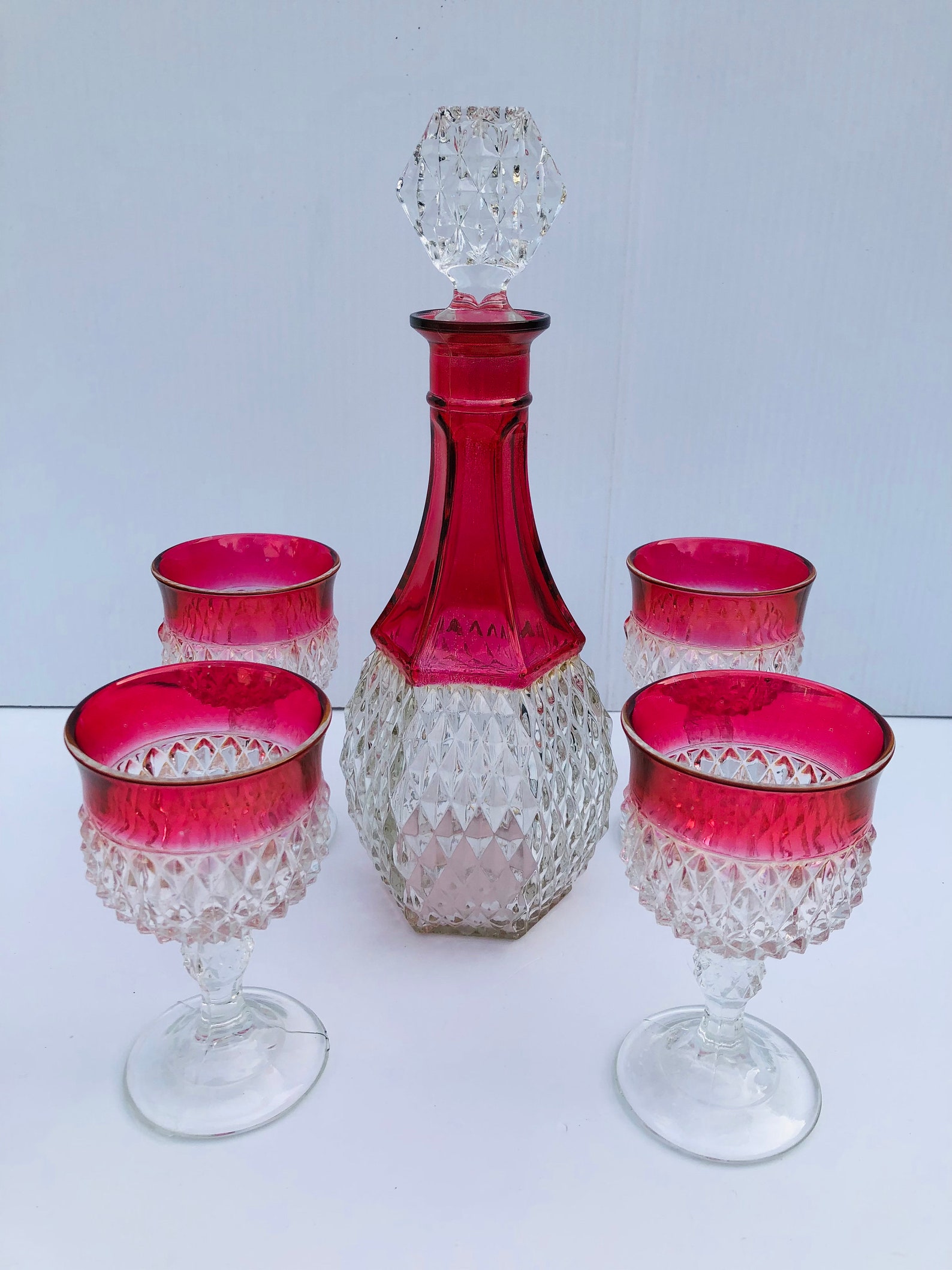 Vintage Indiana Glass Ruby Decanter & Wine Glass 5 Piece Set - Etsy