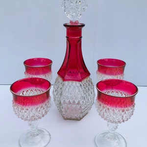 Vintage Indiana Glass Ruby Decanter & Wine Glass 5 Piece Set - Etsy
