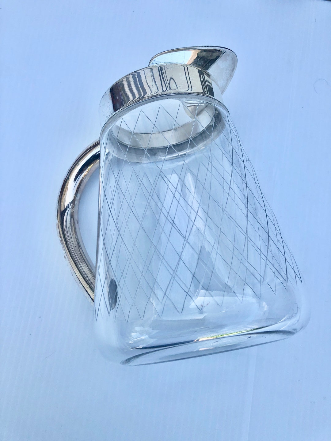 Vintage Glass Pitcher, MCM Heavy Cut Glass Pitcher With Criss Cross ...