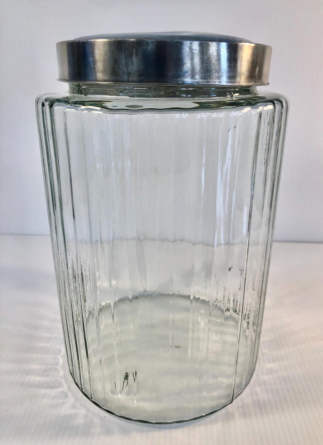 Vintage, Extra Large, Ribbed Glass, Storage Jar With Aluminum Twist Lid ...