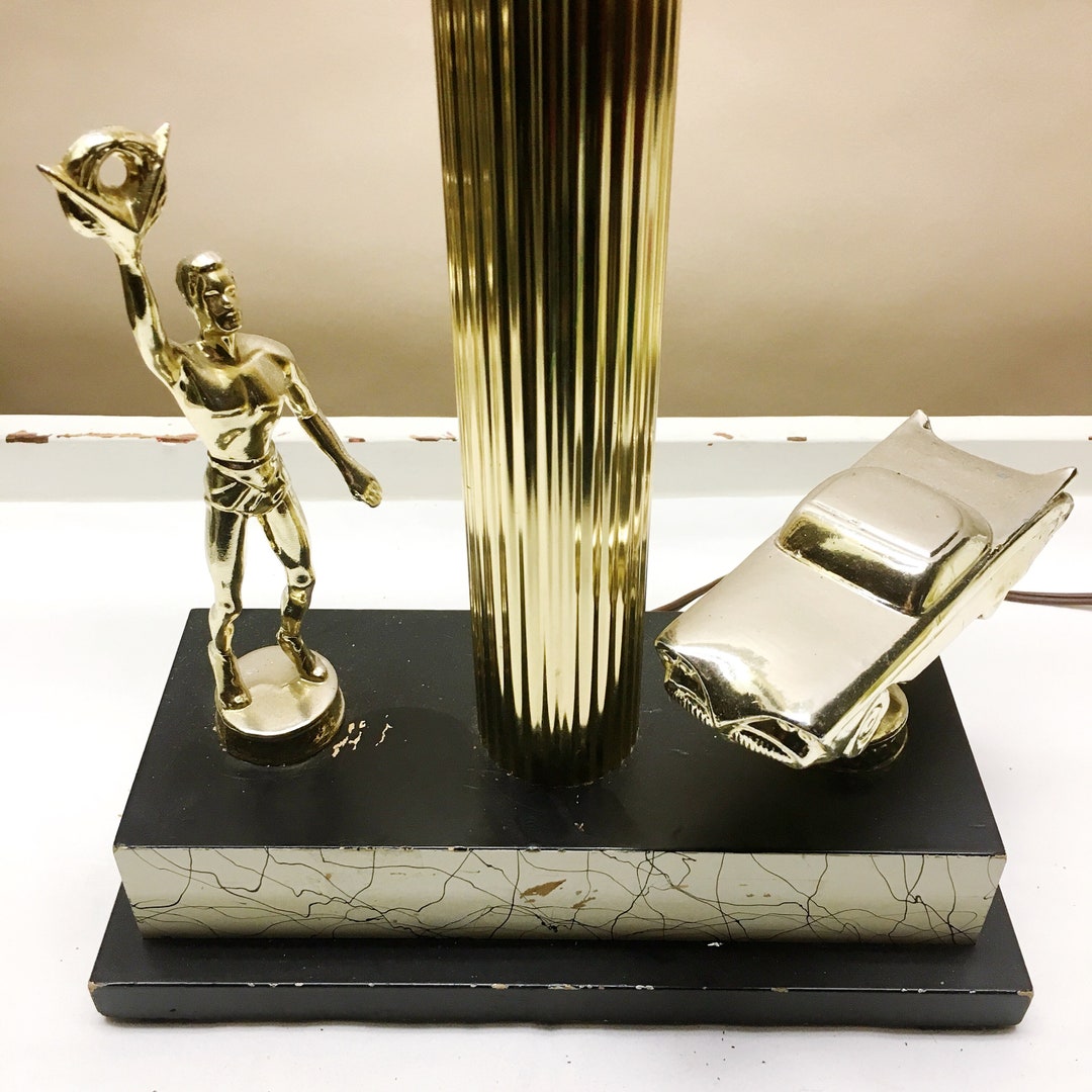 VINTAGE Up-cycled Race Car Trophy Brass Lamp With Rectangular Burlap ...