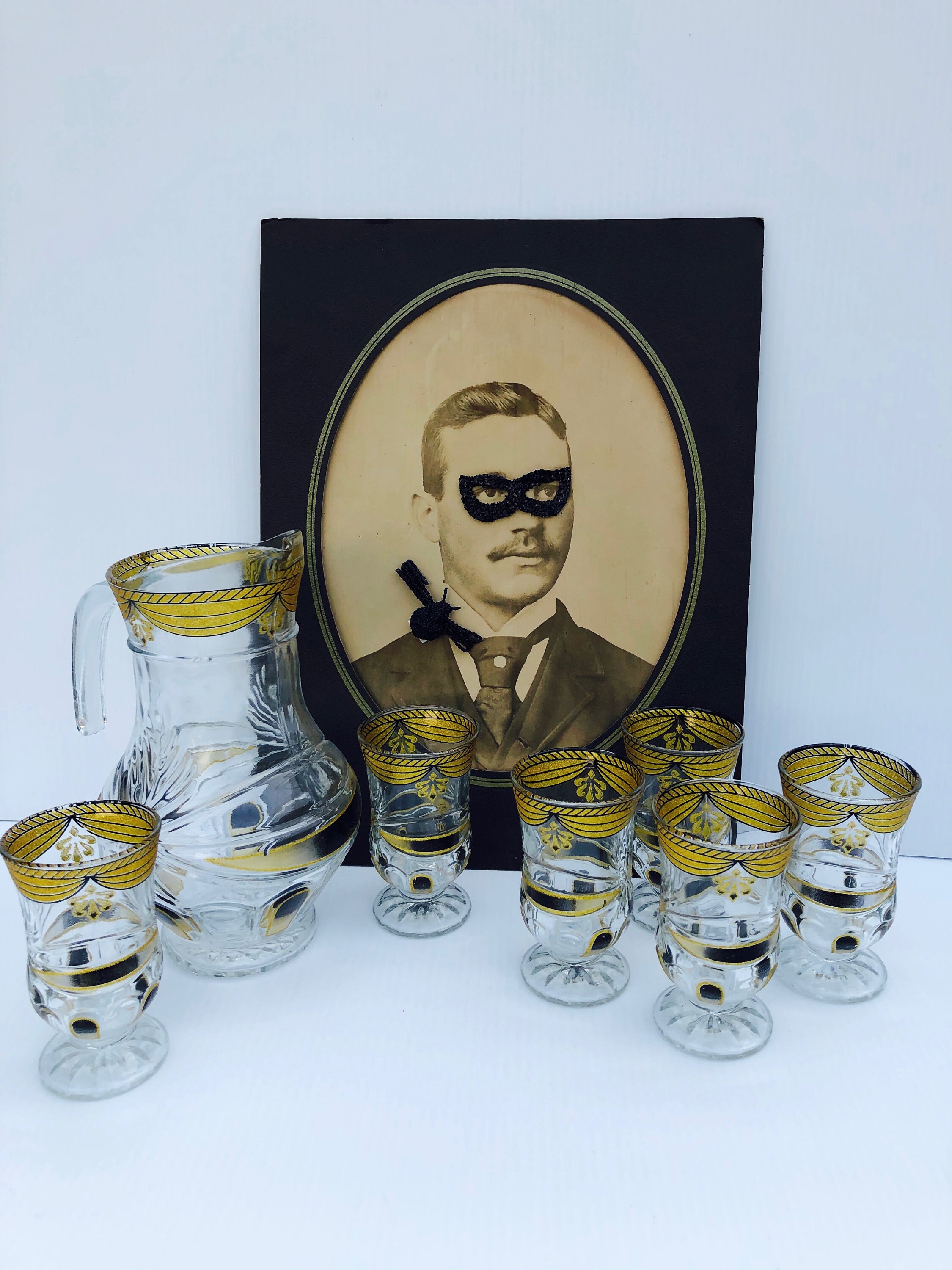 Vintage, American Pressed Glass, Cocktail Pitcher Set, Unique, Gold ...