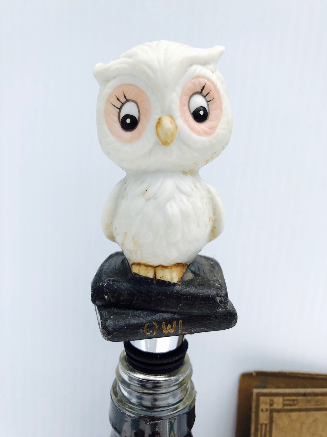 Vintage Wine Topper, Vintage Porcelain Wise, Owl Atop of Black Books ...