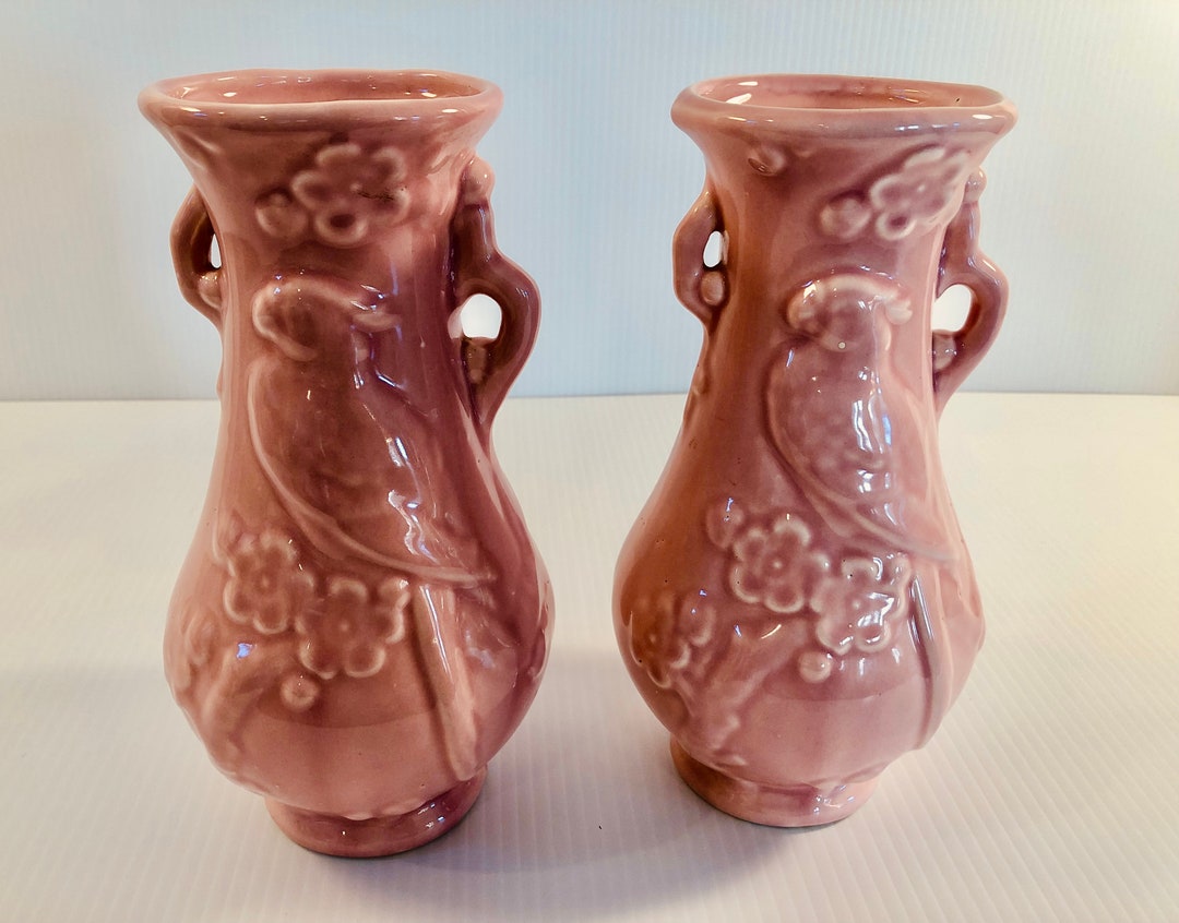Vintage Pink Pottery Vase Set, Rare Art Pottery Pink Vases With Raised ...