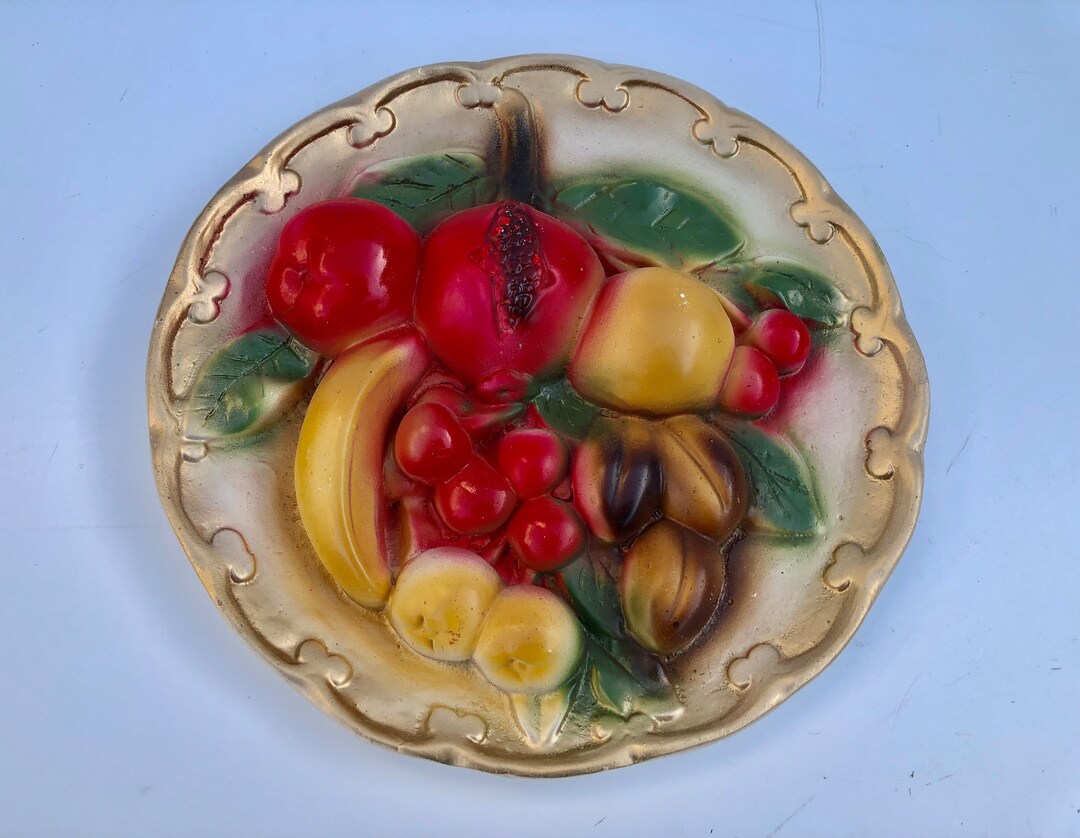 Vintage Fruit Chalkware Plaque, Large Round Colorful Raised Embossed ...