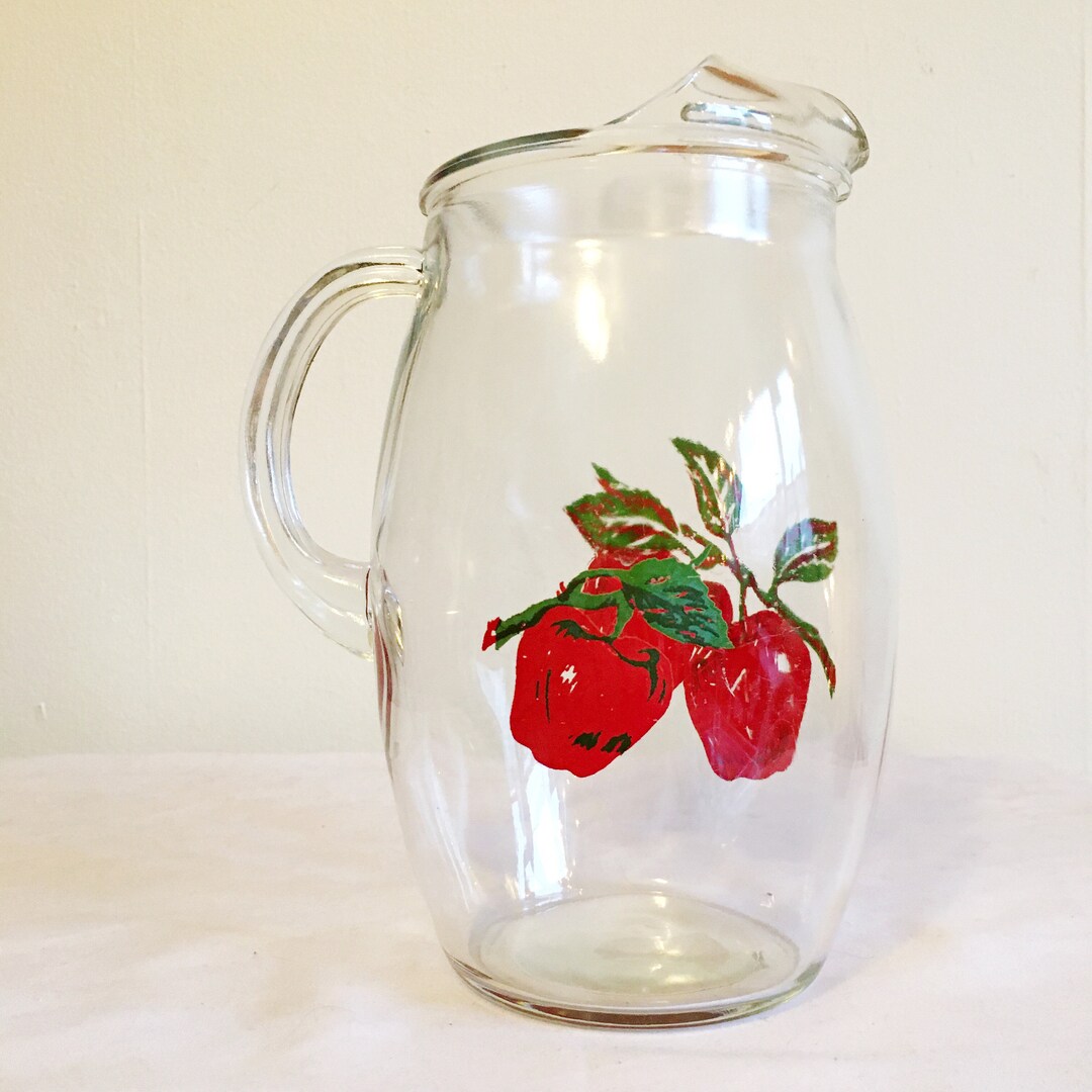 VINTAGE Clear Glass, Ice Lip Pitcher With Vintage, Hand Painted Apples ...