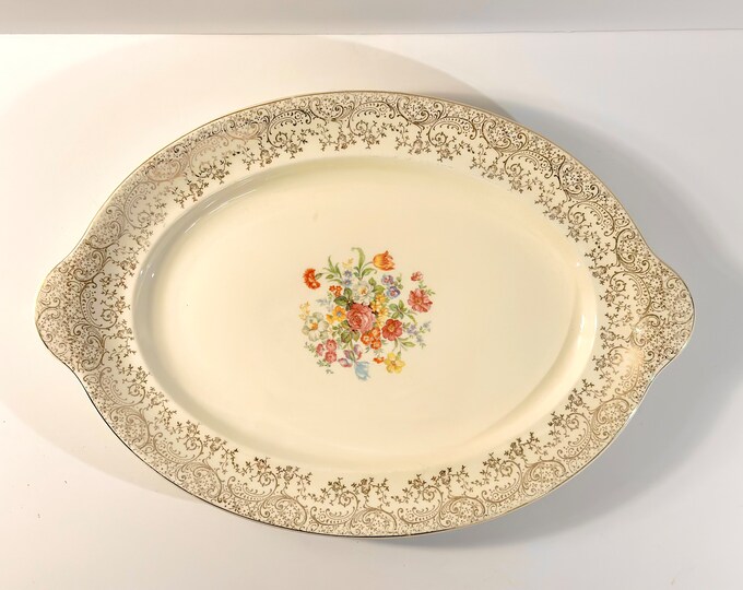Vintage 1940s Floral + Gold Filigree Serving Platter W/ Handles ...