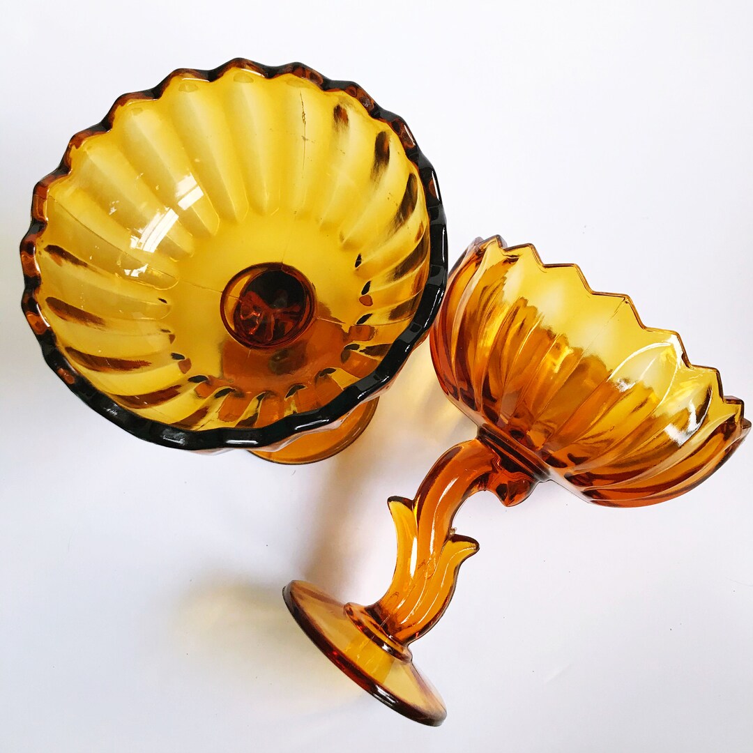Vintage Indiana Glass, Lotus Blossom Compote Set, Amber Glass Pedestal ...