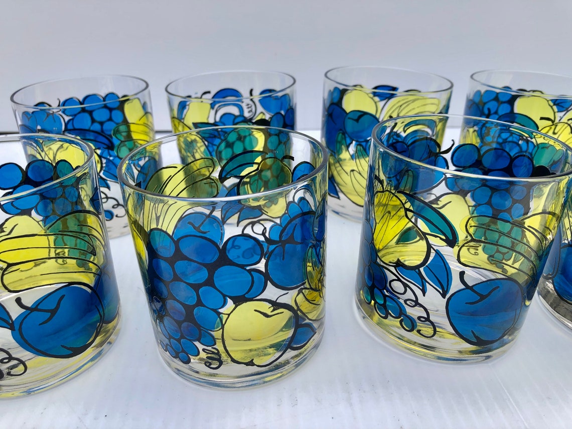 Vintage Dominion Bar Glasses, Blue & Yellow Fruit Tumblers, Set of 8 - Etsy