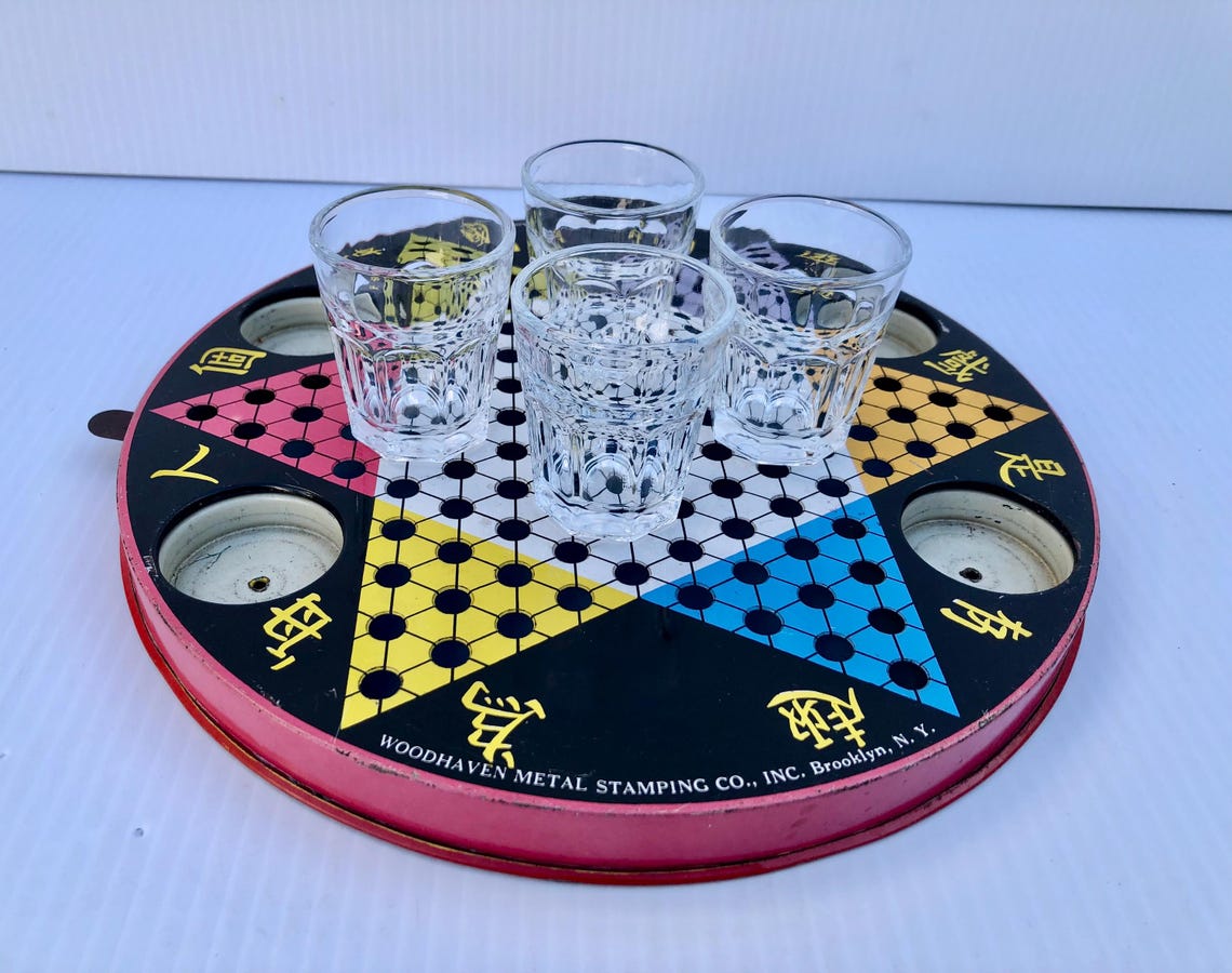 Vintage Metal Chinese Checkers Game Set, Double Sided Board & Shot ...