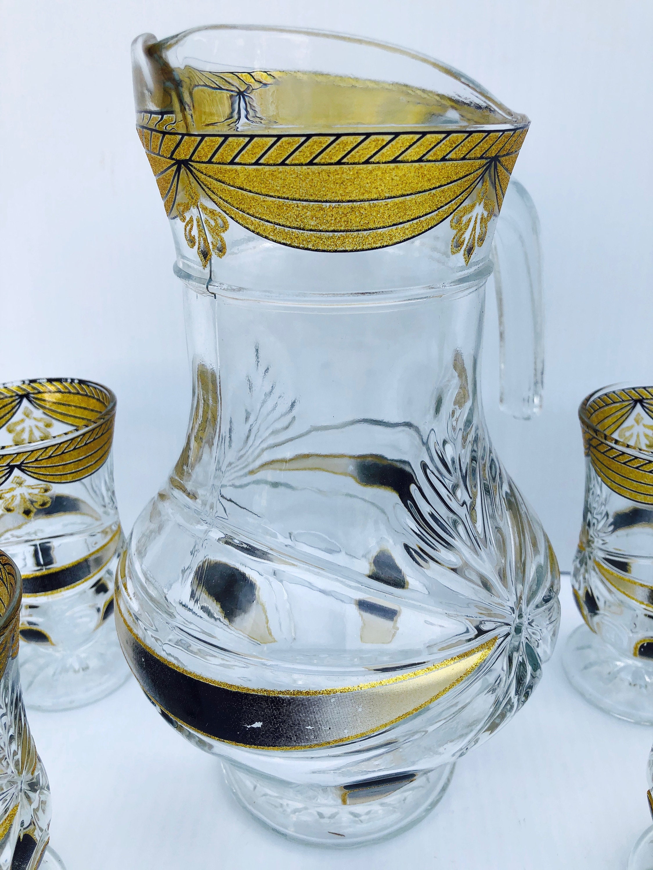 Vintage, American Pressed Glass, Cocktail Pitcher Set, Unique, Gold ...