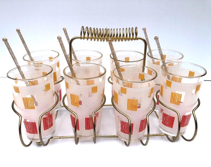 Vintage Hazel Atlas Frosted, Orange & Red Square Bar Glasses in Caddy ...