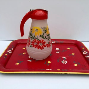 Vintage Floral Breakfast Set, Hand Painted Syrup Dispenser, Red Metal ...