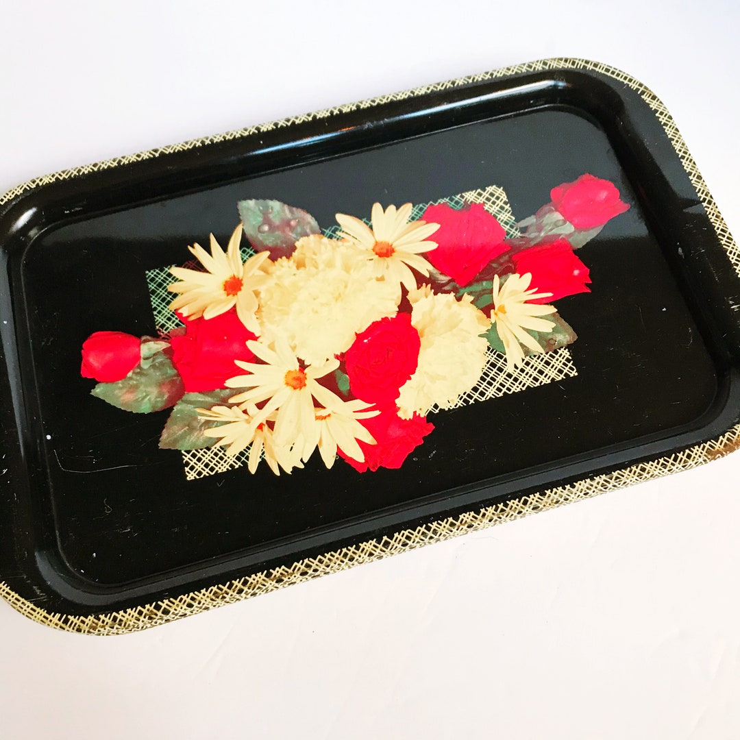 Vintage, 6 Piece, Black Metal Mini Tray Set With Daisies & Carnations ...