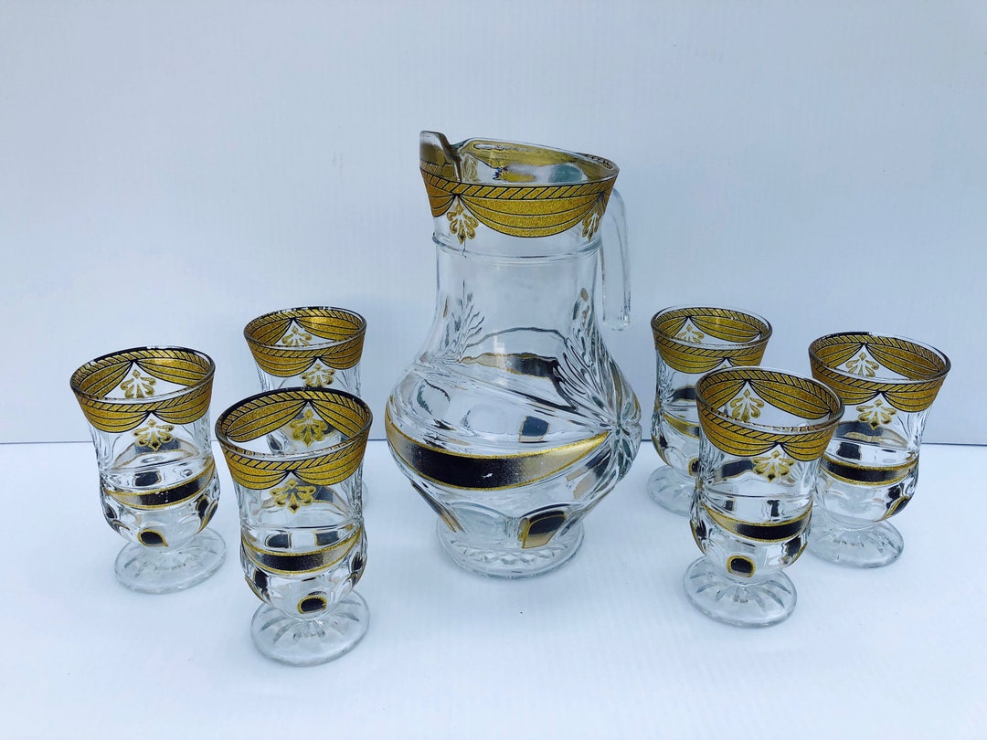 Vintage, American Pressed Glass, Cocktail Pitcher Set, Unique, Gold ...