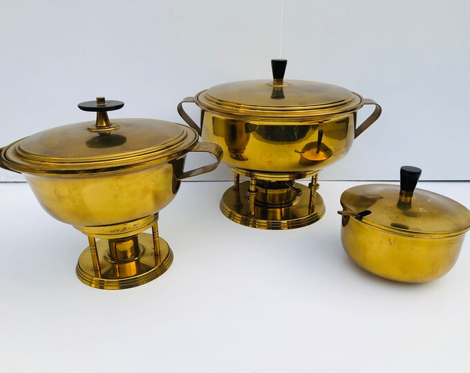 Mid Century Copper & Brass Chafing Dish Set Warming Pan Wood Handle ...