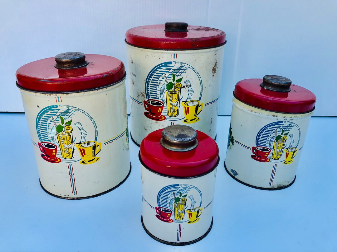 Vintage Kitchen Canister Set/ Rare Tin MCM Canisters, Lemonade, Coffee ...