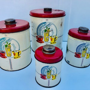 Vintage Kitchen Canister Set/ Rare Tin MCM Canisters, Lemonade, Coffee ...