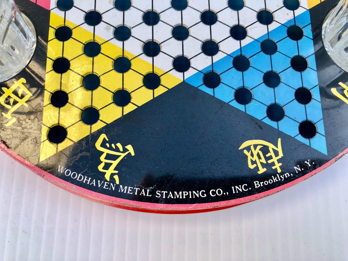 Vintage Metal Chinese Checkers Game Set, Double Sided Board & Shot ...