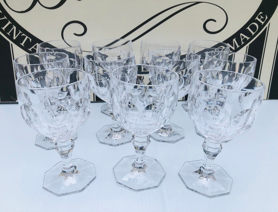 Vintage Clear Glass Goblets With Indented Circles And Octagon Bases Diamond Shape Knob Heavy
