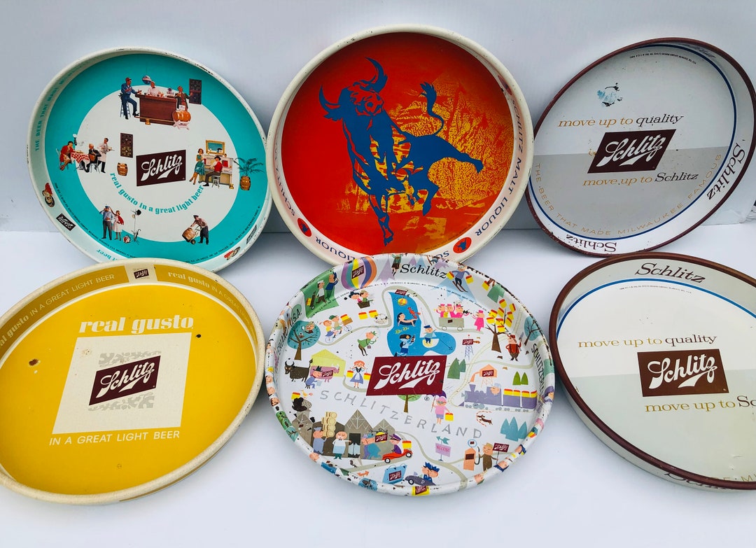 Vintage Schlitz Beer Metal Serving Trays, MCM Round Schlitz Beer ...