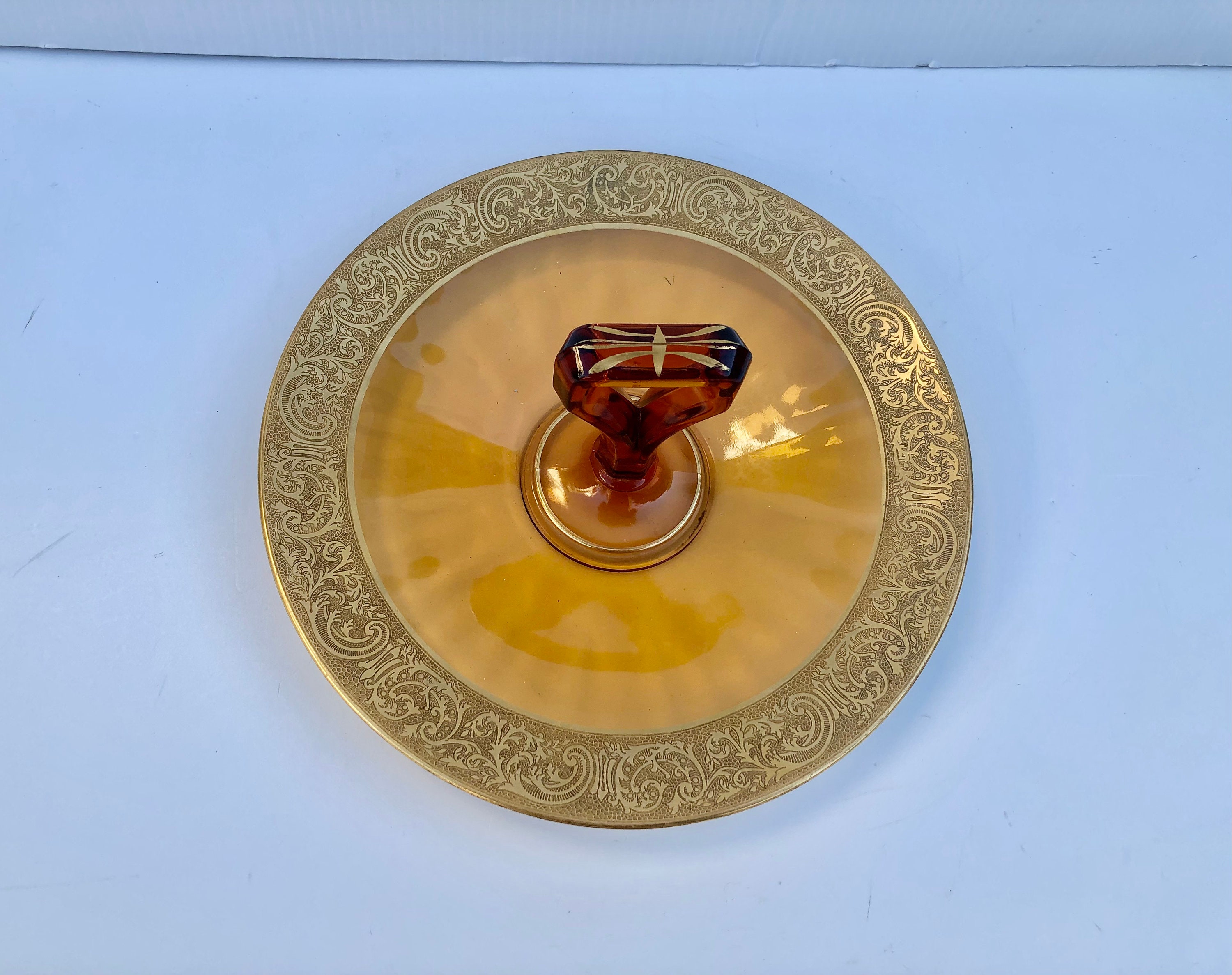 Vintage Amber Glass Tidbit Tray With Gold Encrusted Band and - Etsy