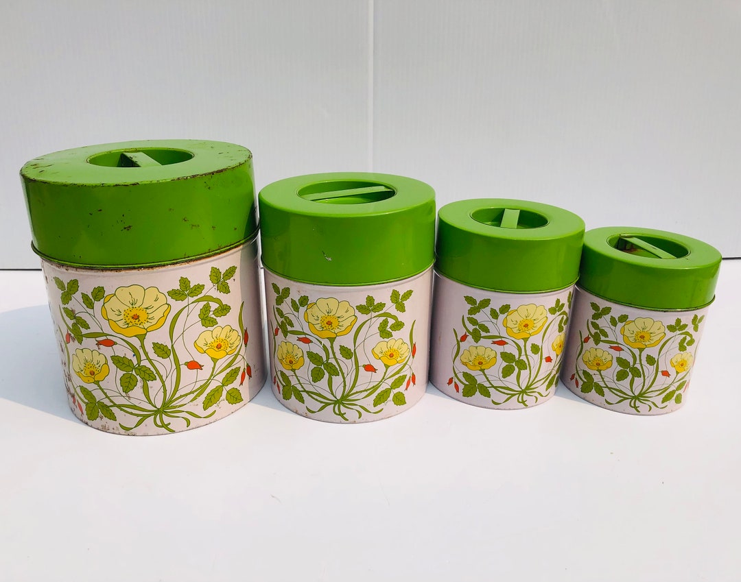 Vintage Rustic Floral Metal Kitchen Canisters, Set of 4 Yellow Flower ...