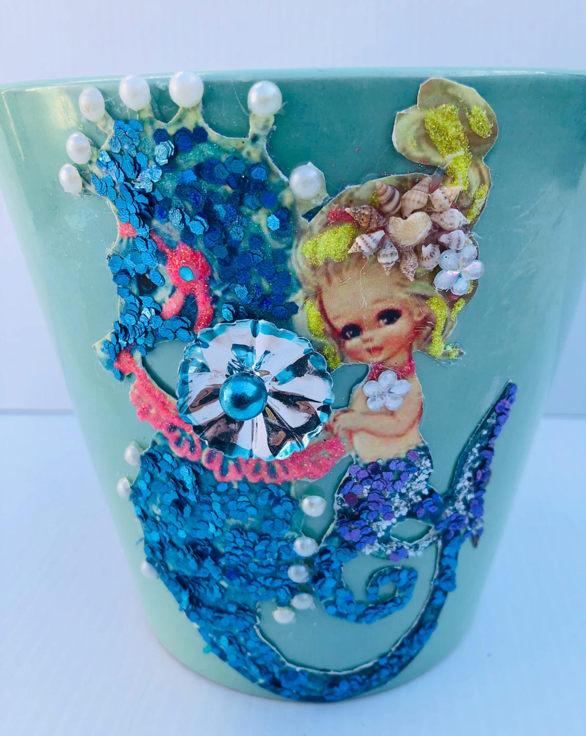 Vintage Mermaid Seahorse Planter, Turquoise Ceramic Flower Pot, Kitsch ...