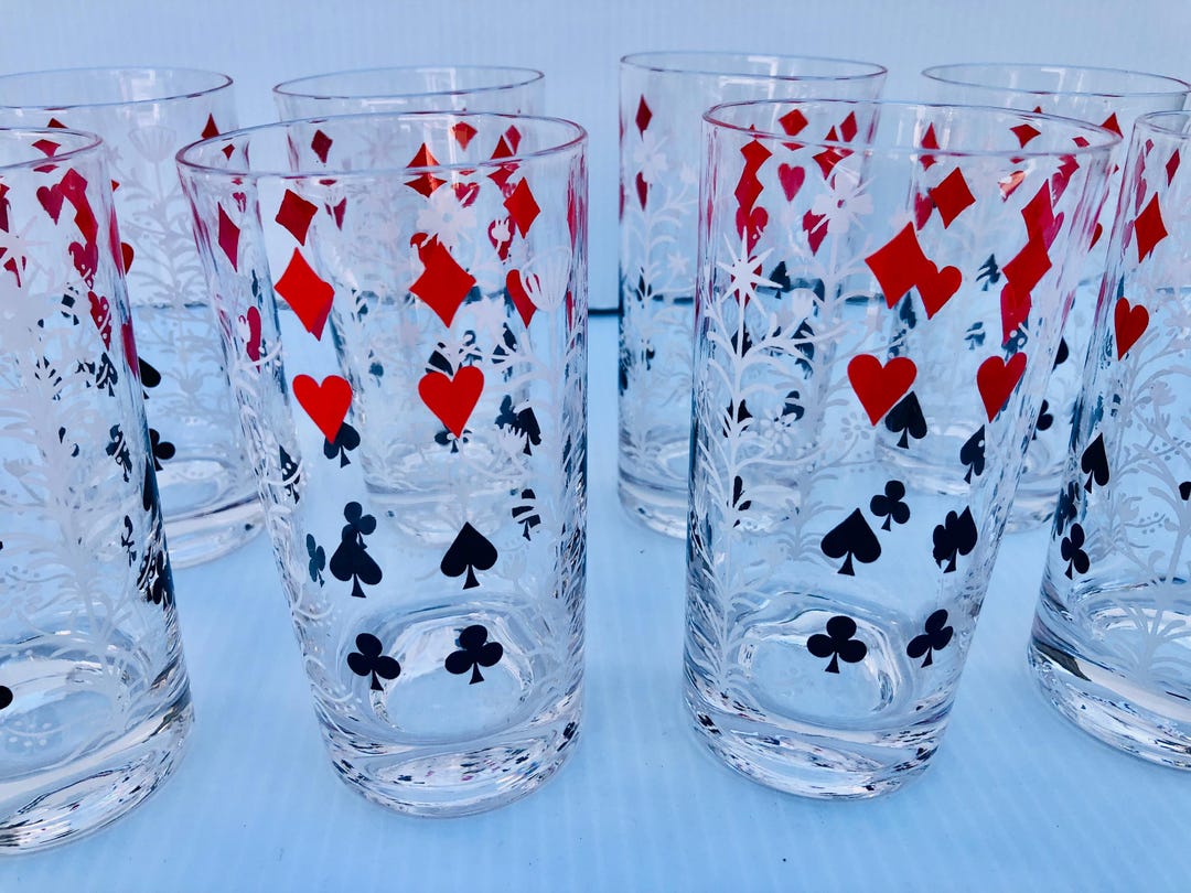 Vintage Red & Black Playing Card Suit Beverage Glasses, 8 Federal Glass ...