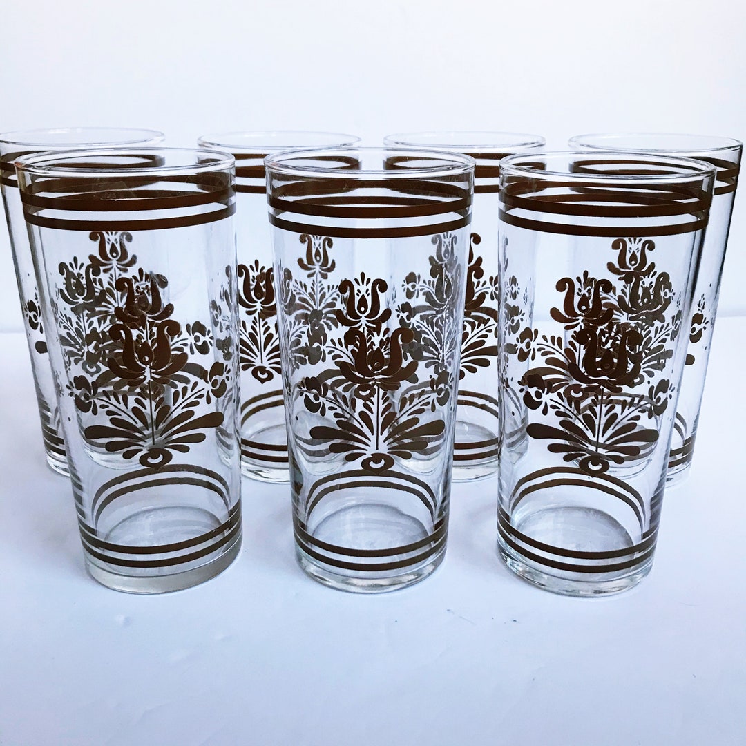 Vintage, Libbey Glass, Tumblers, Set of 7, Brown Floral and Striped ...