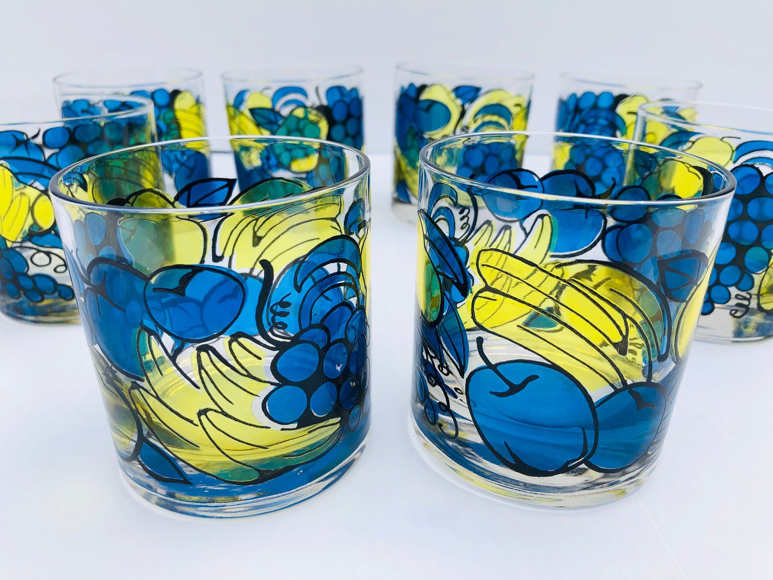 Vintage Dominion Bar Glasses, Blue & Yellow Fruit Tumblers, Set of 8 - Etsy