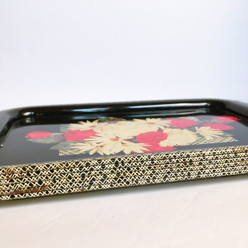 Vintage 6 Piece Black Metal Mini Tray Set With Daisies & - Etsy