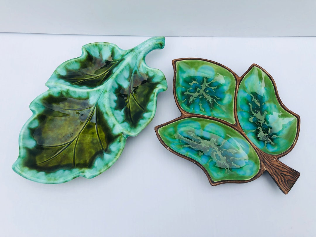 Vintage, Green Ceramic, Leaf Dish Set, Glossy Green, Large, Divided ...