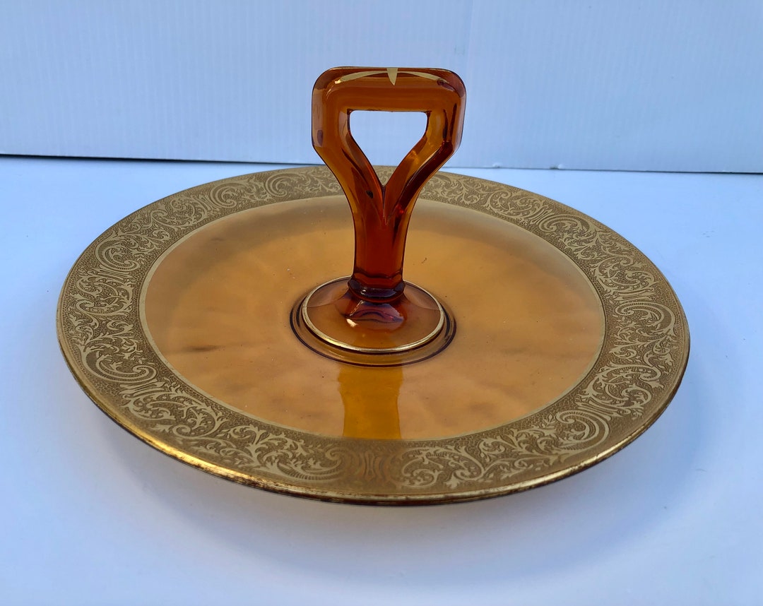 Vintage Amber Glass Tidbit Tray With Gold Encrusted Band and Gold ...