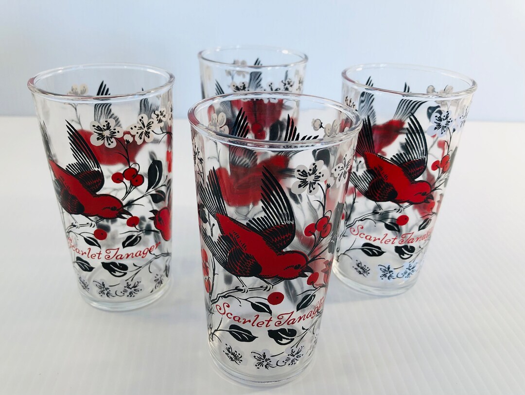 Vintage Red Bird Glasses, Rare Set of 4 Anchor Hocking Scarlet Tanager ...