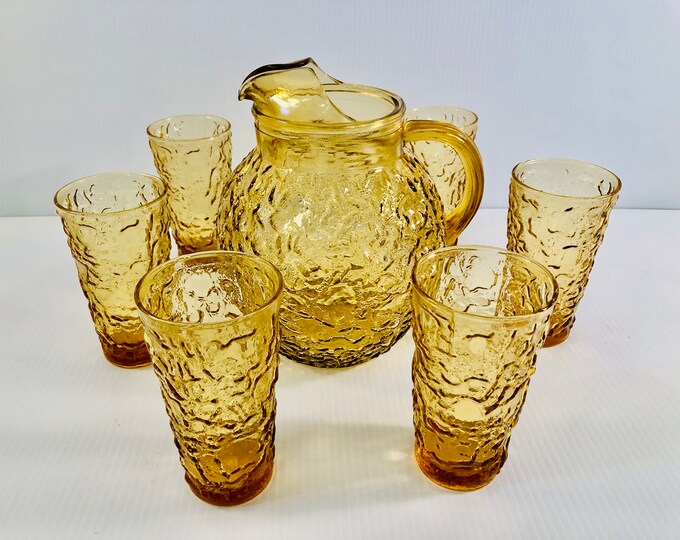 Vintage Crinkle Glass Pitcher Beverage Set, 7 Piece Anchor Hocking ...
