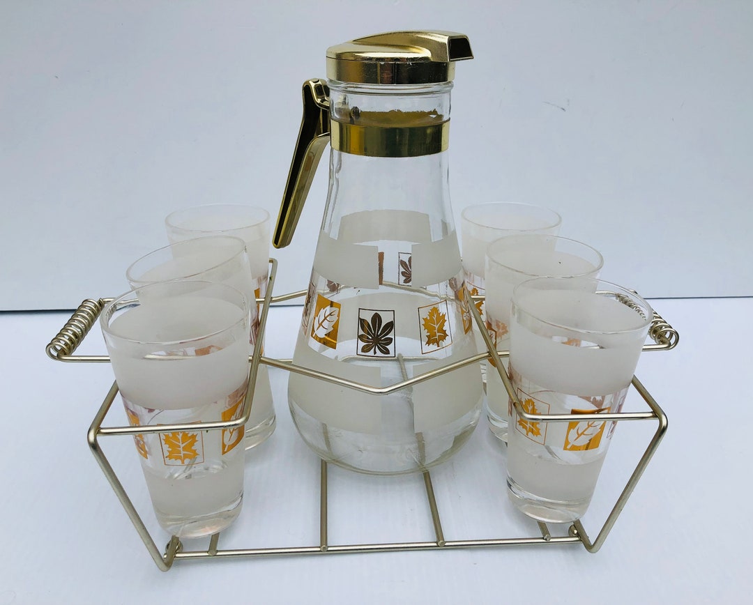Vintage 8 Piece Beverage Set, MCM Gold Leaf & White Frost Drinking ...