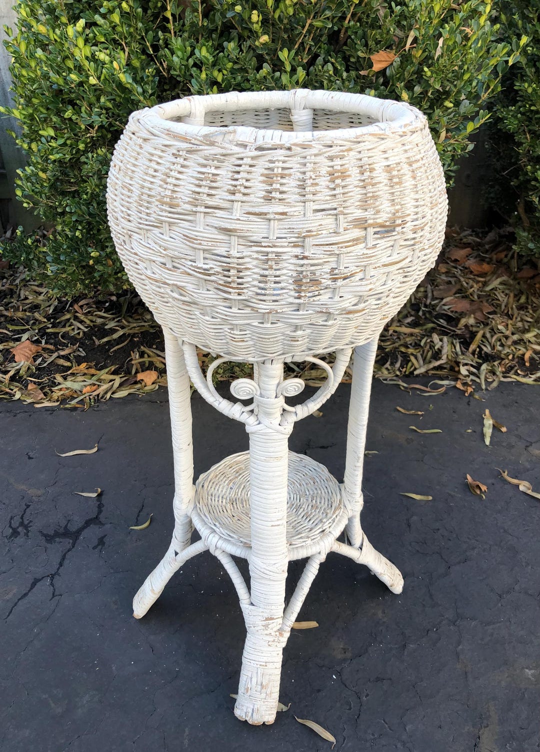 Vintage White Wicker, Floor Plant Stand With Scrolled Sides & Bottom ...