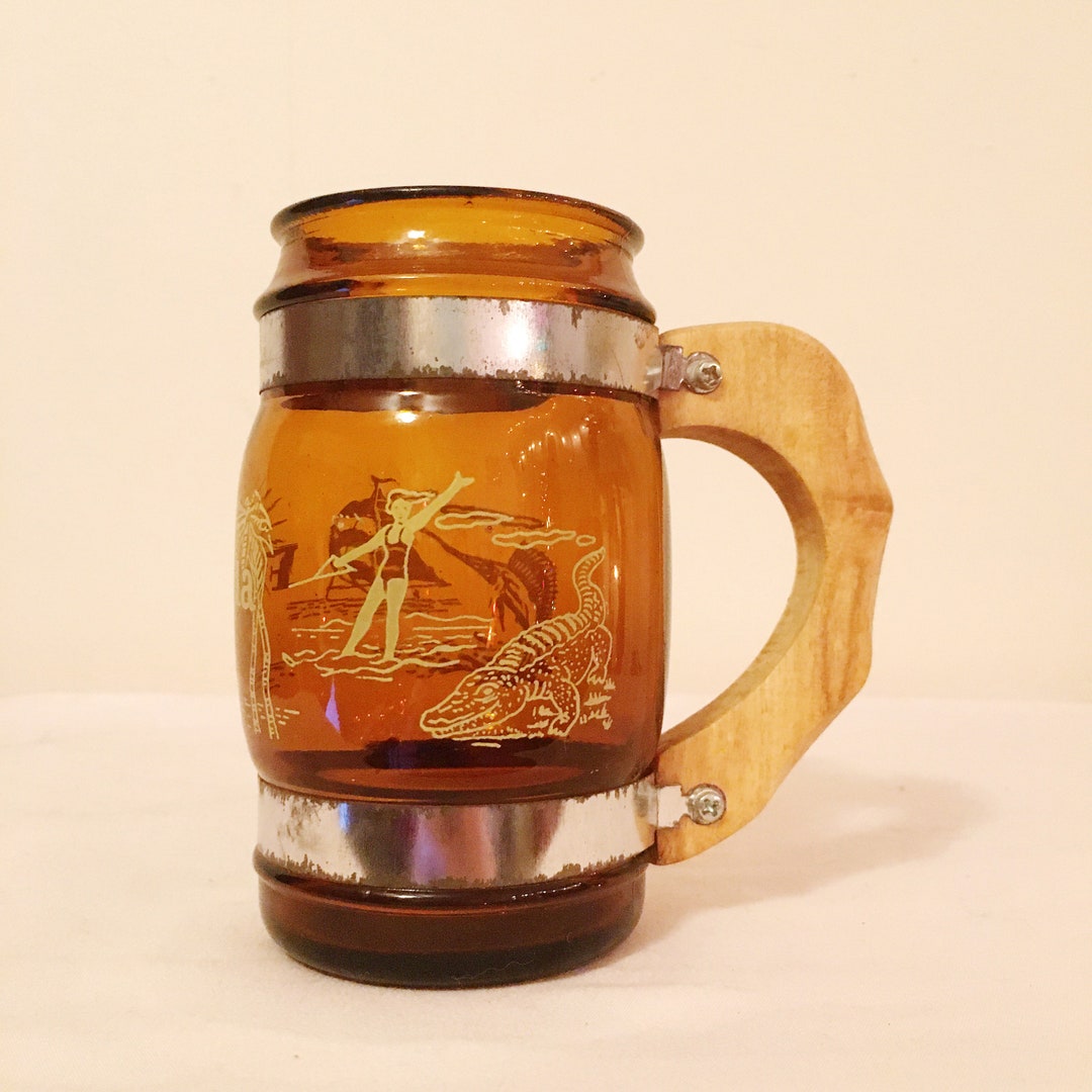 VINTAGE Siesta Ware Florida Amber Glass Barrel Mug With Wood Handle - Etsy