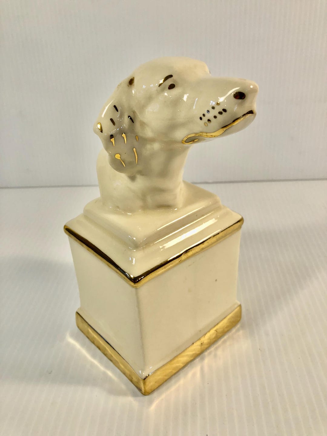 Vintage Ceramic Dog Bookend, Creamy White & Gold Dog Head on Pedestal ...