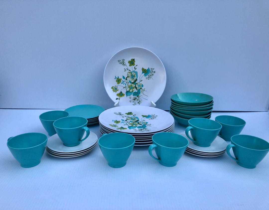 Vintage Turquoise Floral Melmac 38 Piece Dish Set, Eight 4 Piece Place ...