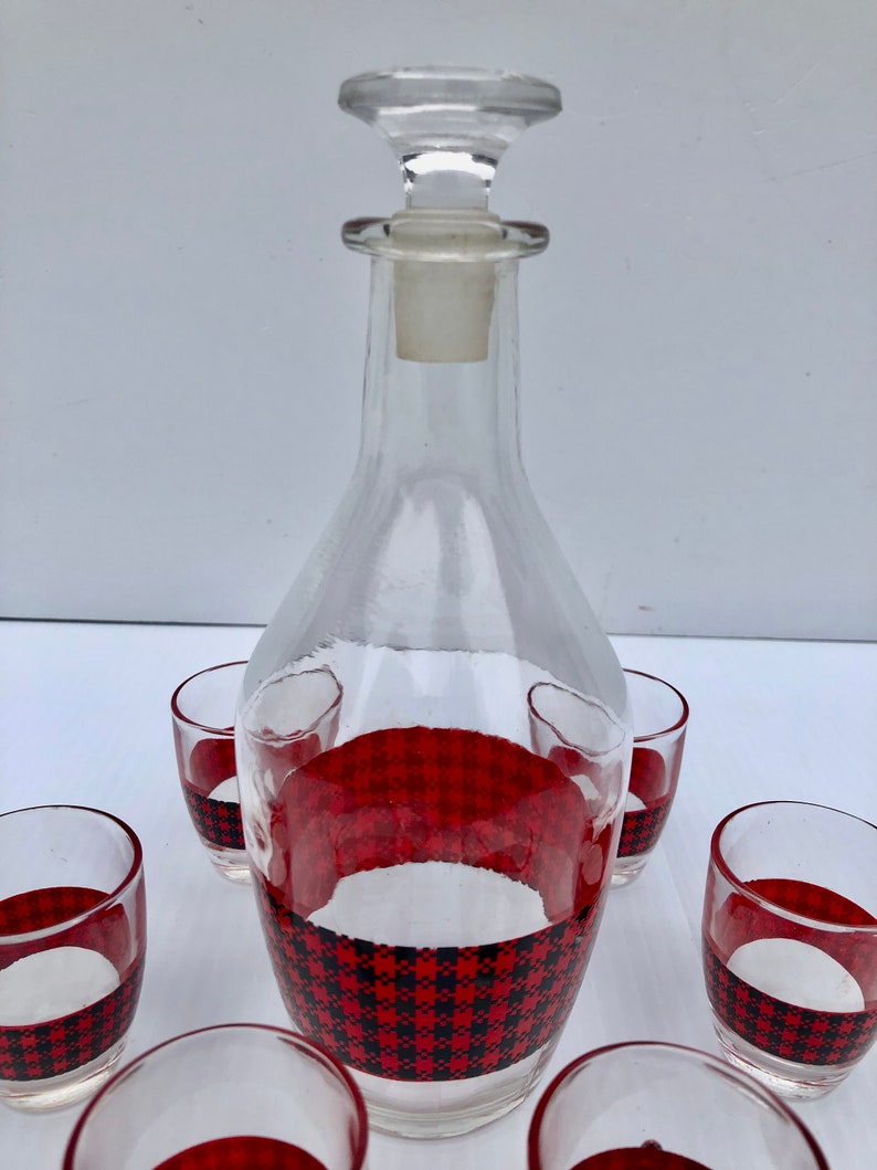 Vintage Bar Decanter Set, Rare Red & Black Plaid Houndstooth 7 Piece ...