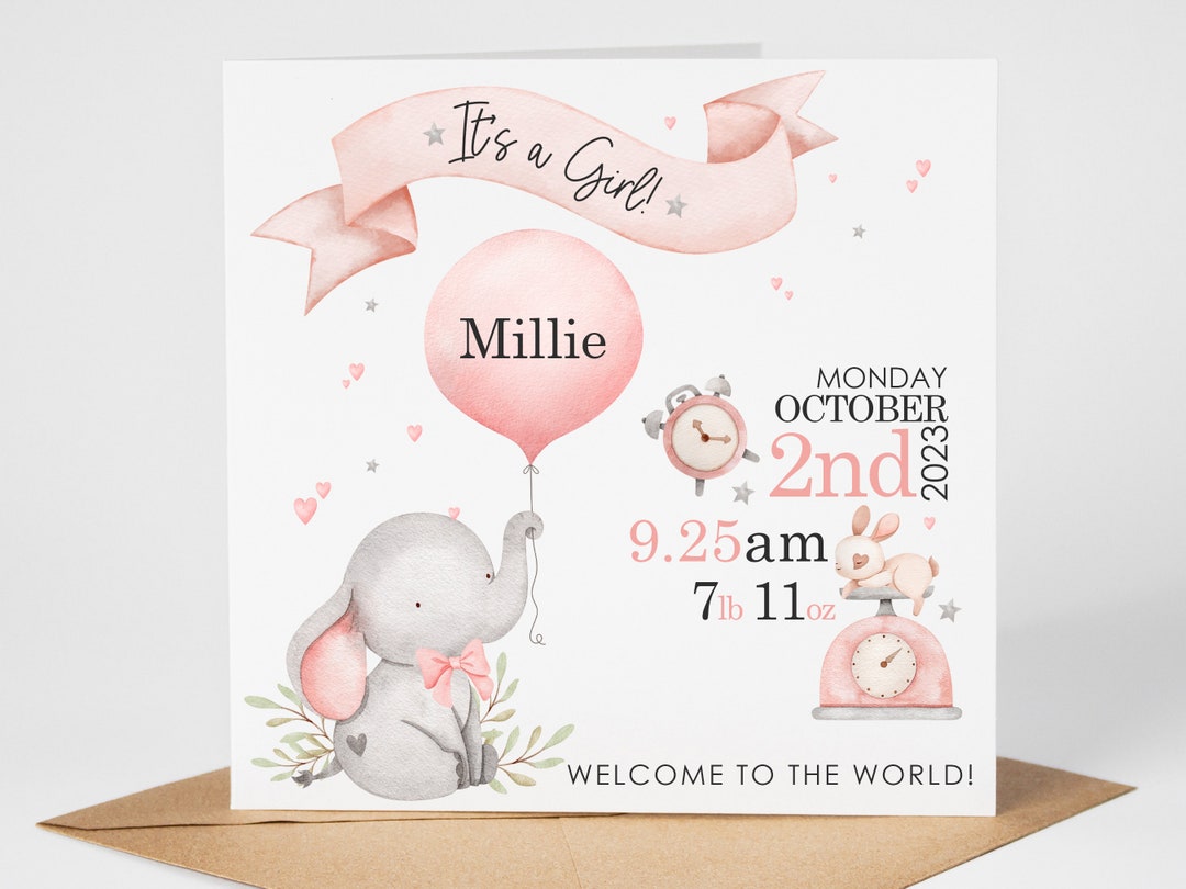 Personalised New Baby Girl Card - New Baby Card - Name Date Weight Card ...