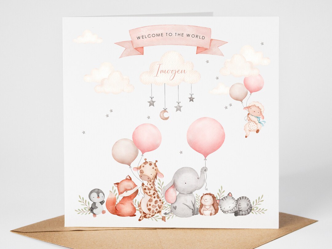 Personalised New Baby Girl Card - New Baby Card - Stars and Clouds ...